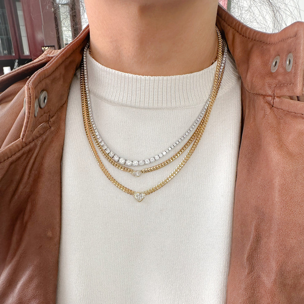 14K Gold Diamond Heart Solitaire Miami Cuban Link Chain Necklace – Nana ...