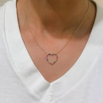 14K Gold Rainbow Gemstone Heart Shape Frame Necklace, Medium Size ...