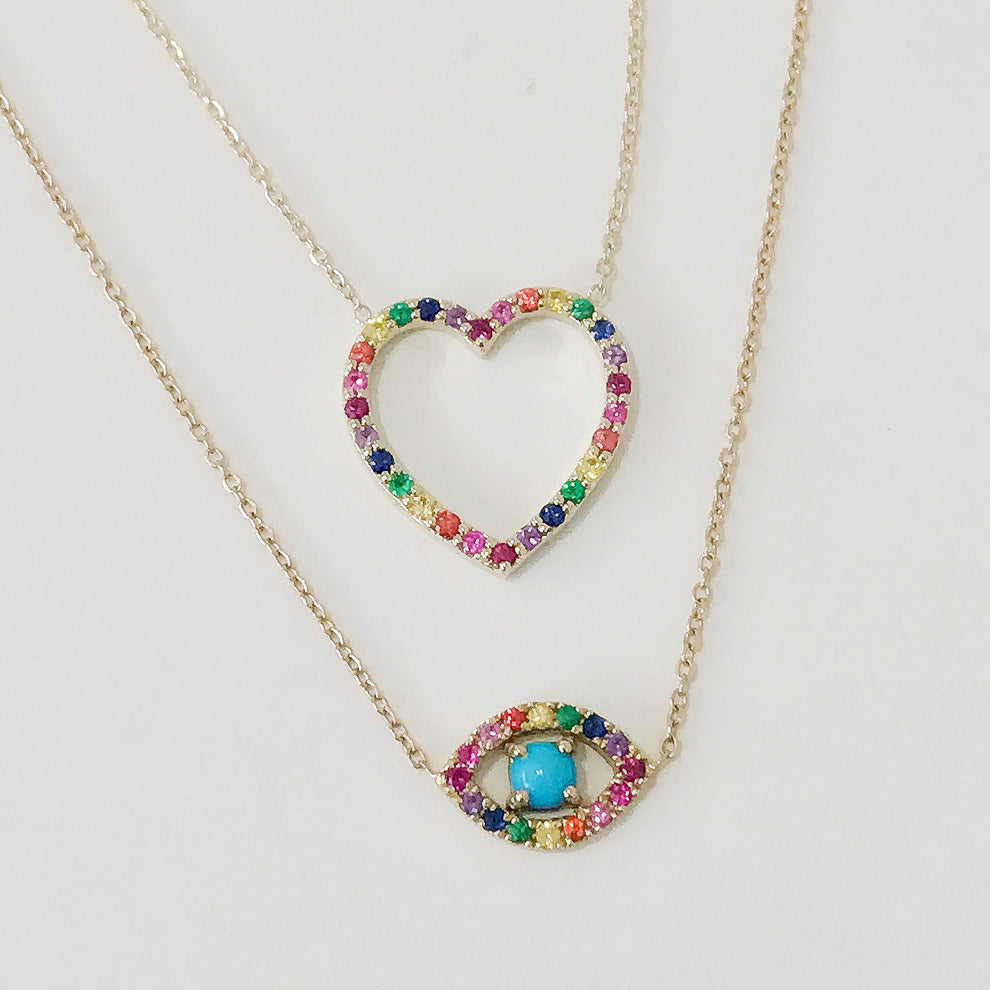 14K Gold Rainbow Gemstone Heart Shape Frame Necklace, Medium Size ...